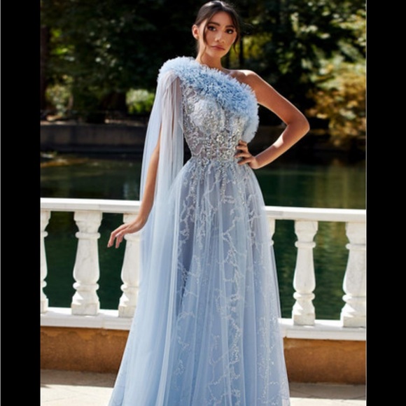 MNM Couture | Dresses | Mnm Coutureone Shoulder Cape Sleeve Gown | Poshmark